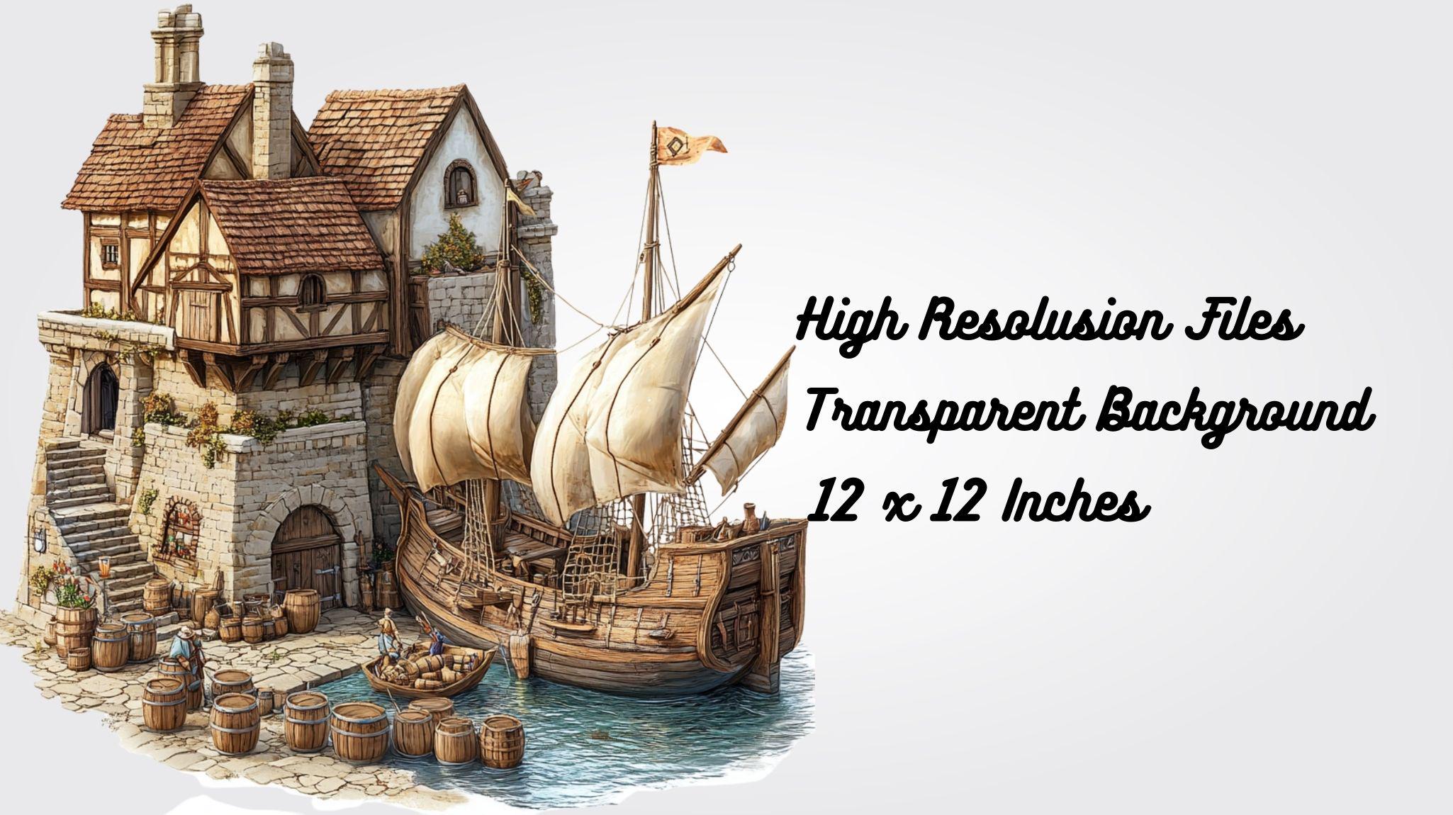 Medieval Harbor Clipart: Historic Ships & Docks (20 Pngs) - Etsy