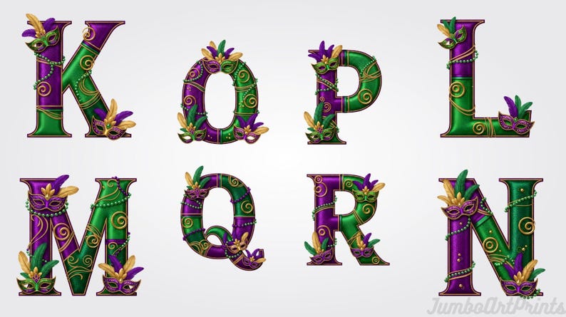Mardi Gras Alphabet Clipart - Carnival Letters PNG, Purple Green Gold ...