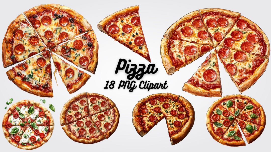 Pizza Clipart Set, 18 PNG Images, Food Illustrations (digital Download ...
