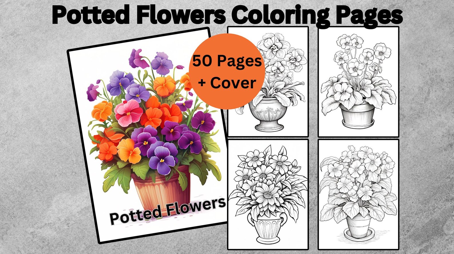 50 Potted Flowers Coloring Pages for Adults and Kids , Printable PDF ...