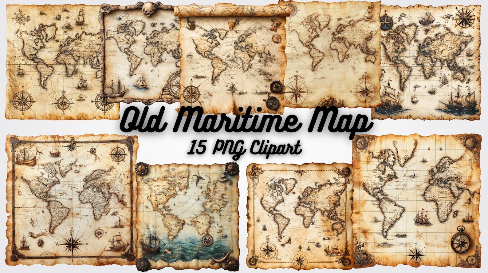 Old Maritime Map Clipart, 15 PNG Digital Download, Vintage Nautical Map ...