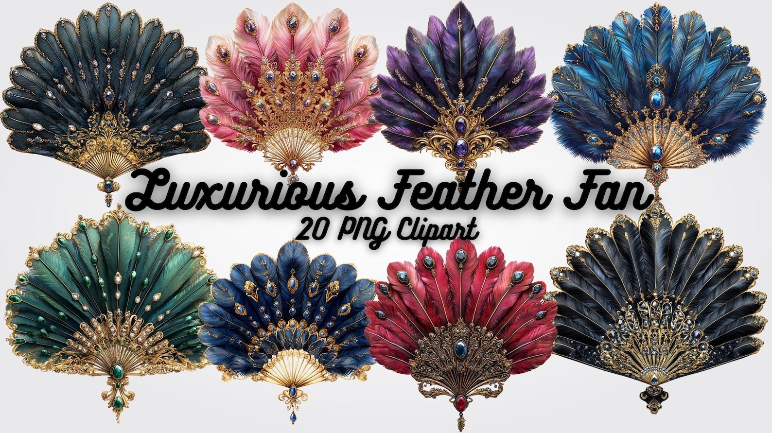 Luxurious Feather Fan Clipart, 20 Exquisite PNG Images With Gem Accents ...