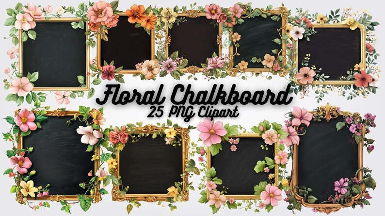Floral Chalkboard Clipart, 25 PNG Rustic Flower Graphics With ...