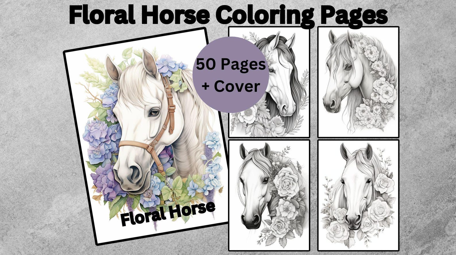 50 Floral Horse Coloring Pages, Flowers and Horse Coloring Book for ...