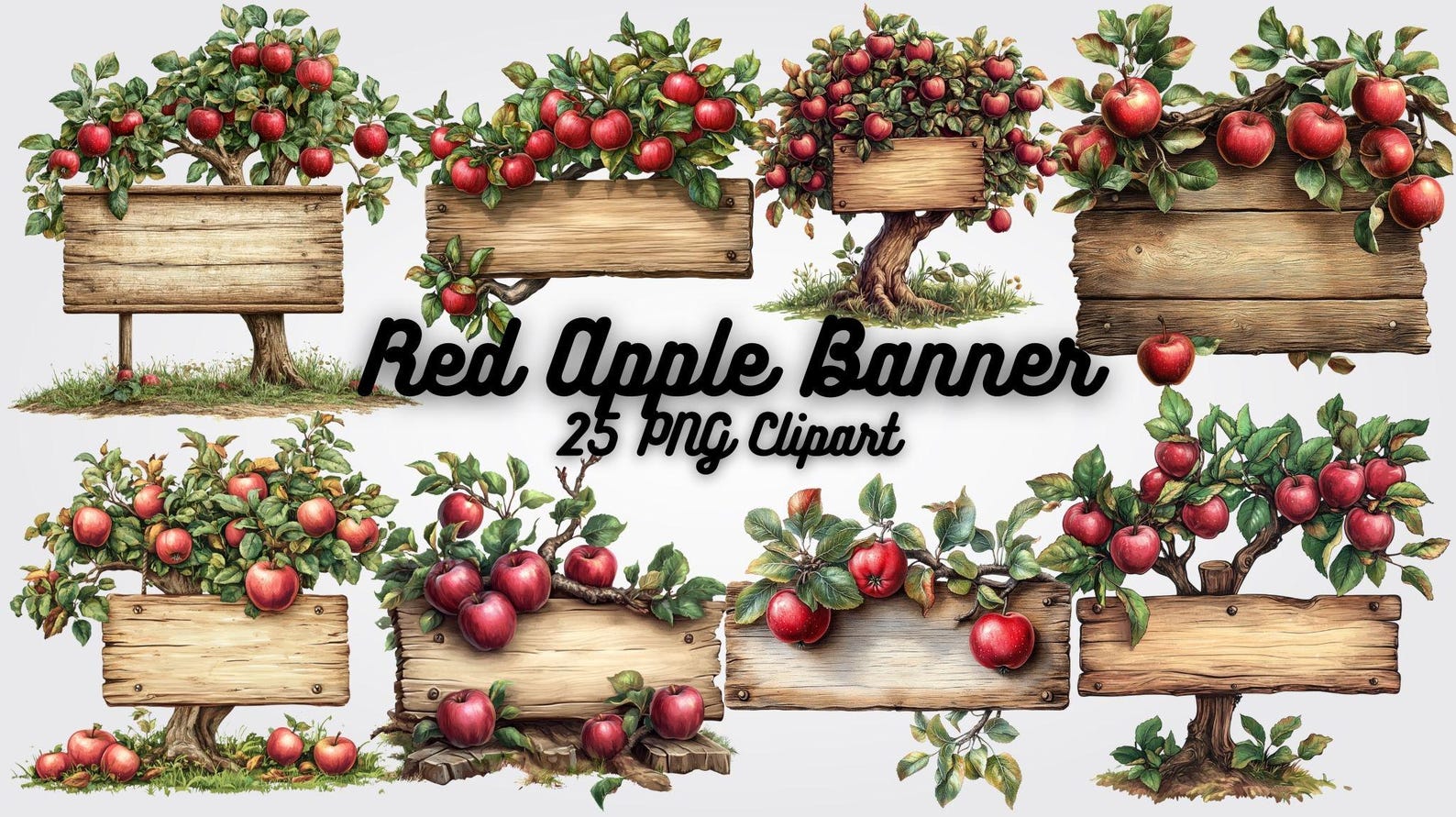 Red Apple Banner Clipart: Fall Decor Graphics (PNG Digital Download) - Etsy
