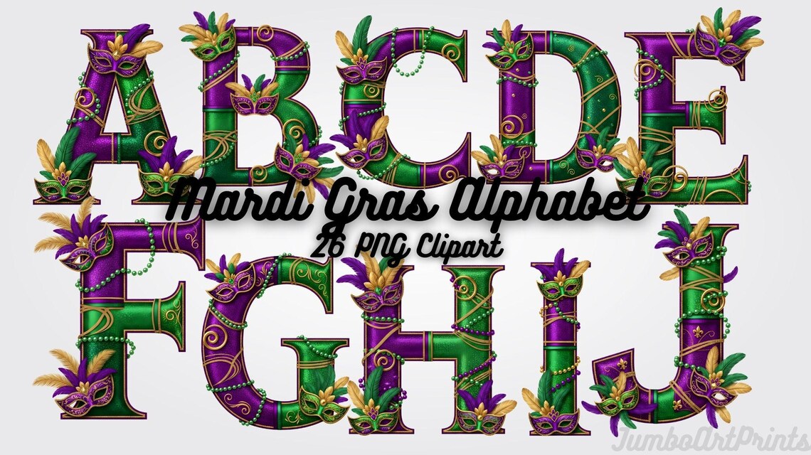 Mardi Gras Alphabet Clipart - Carnival Letters PNG, Purple Green Gold ...