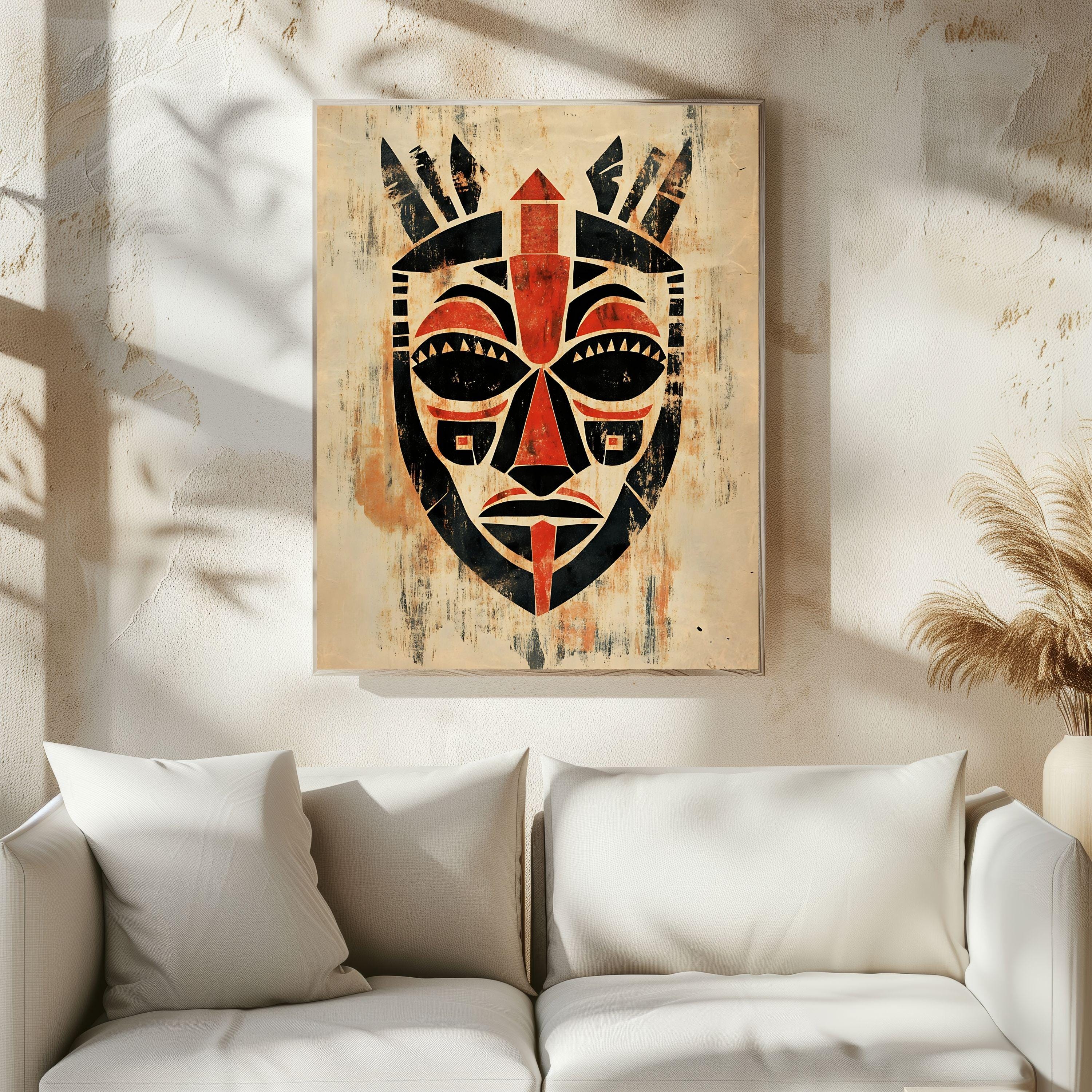 Tribal Mask Wall Art, Bold Linear Ethnic Design in Earthy Reds & Blacks ...