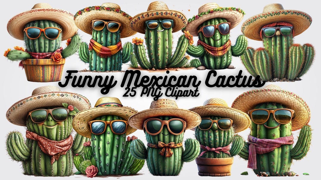 Funny Mexican Cactus Clipart, Cute Fiesta Cactus With Hat & Glasses ...
