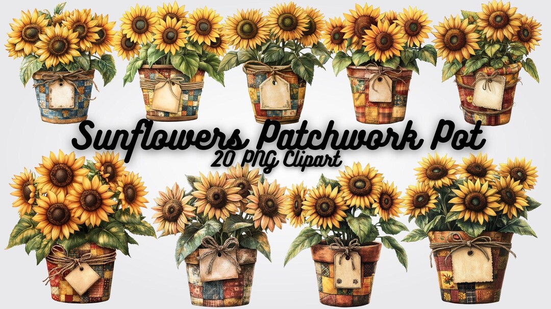 Sunflowers Patchwork Pot Clipart, Rustic Sunflower Watercolor Png ...
