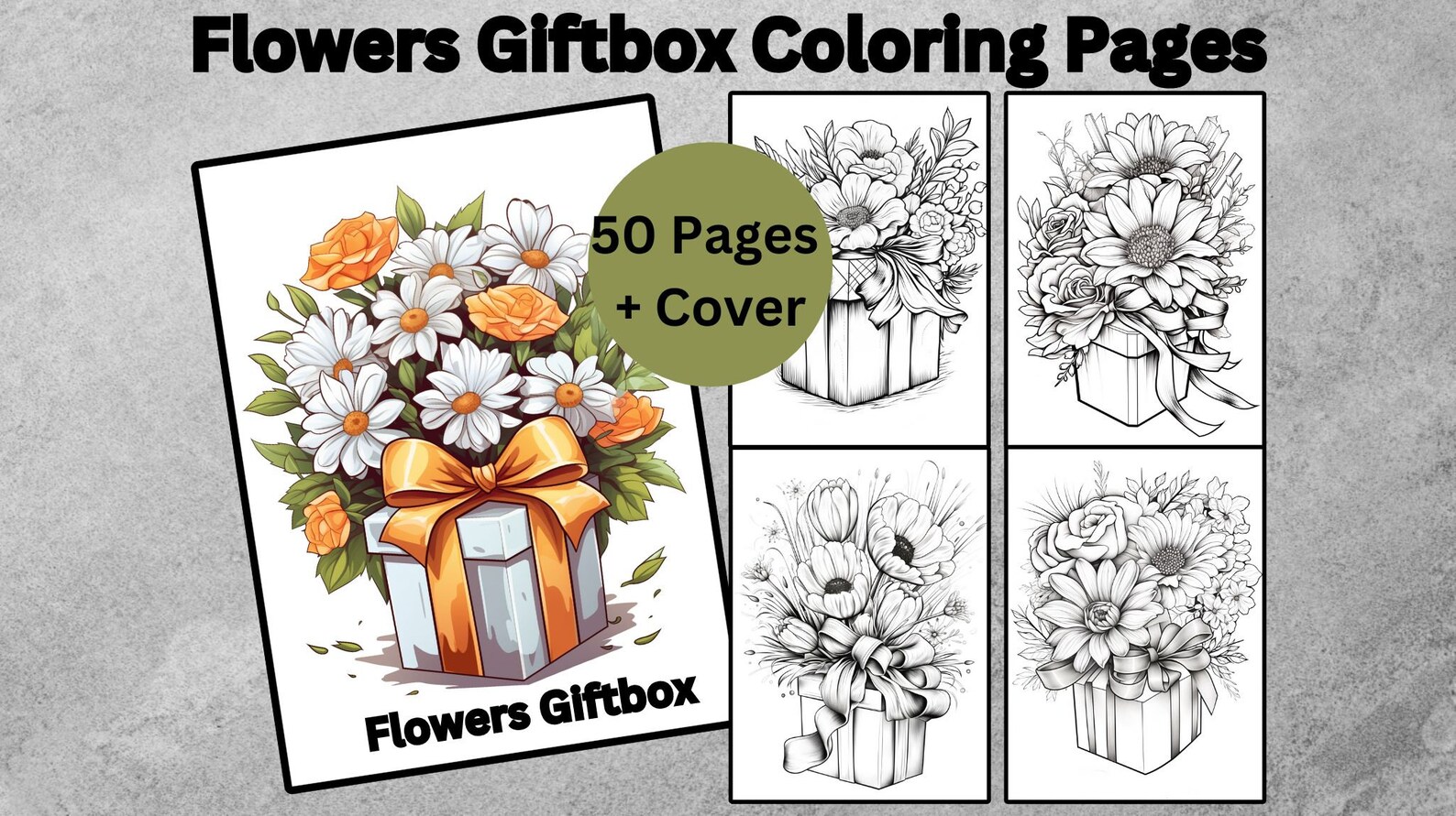 50 Flowers Giftbox Coloring Pages for Adults and for Kids Grayscale ...