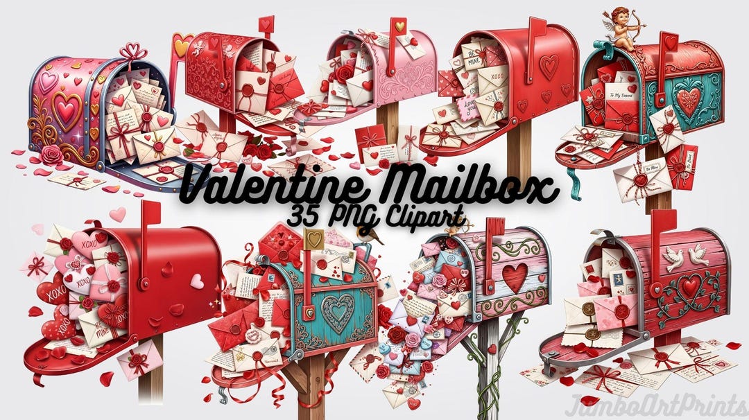 Valentine Mailbox Clipart - Love Letters PNG, Whimsical Heart Mail ...