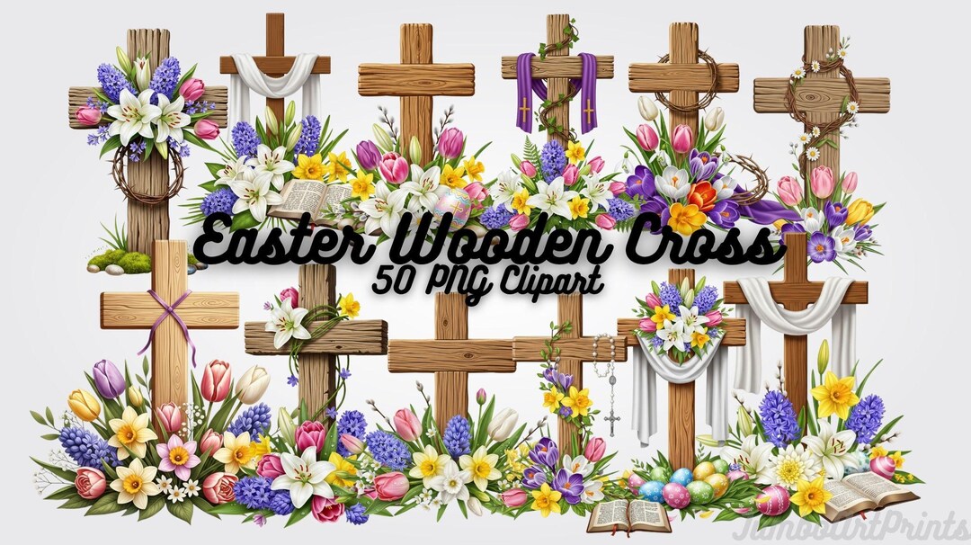 Easter Wooden Cross Clipart Bundle, Religious Floral PNG (digital ...