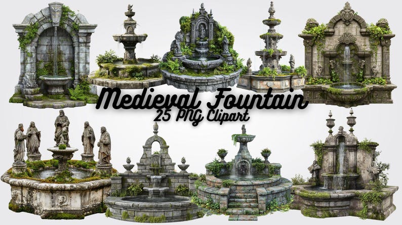 Medieval Fountain Clipart: Vintage Architecture Digital Art (12x12 PNG ...