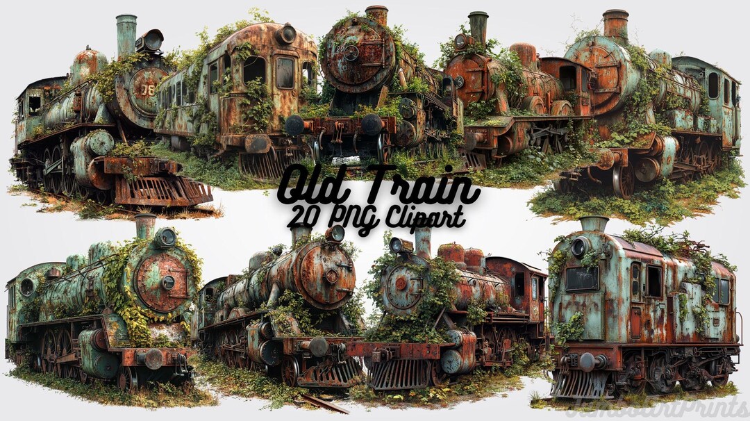 Vintage Rusted Train Engine Clipart: Antique Locomotive PNG (digital ...