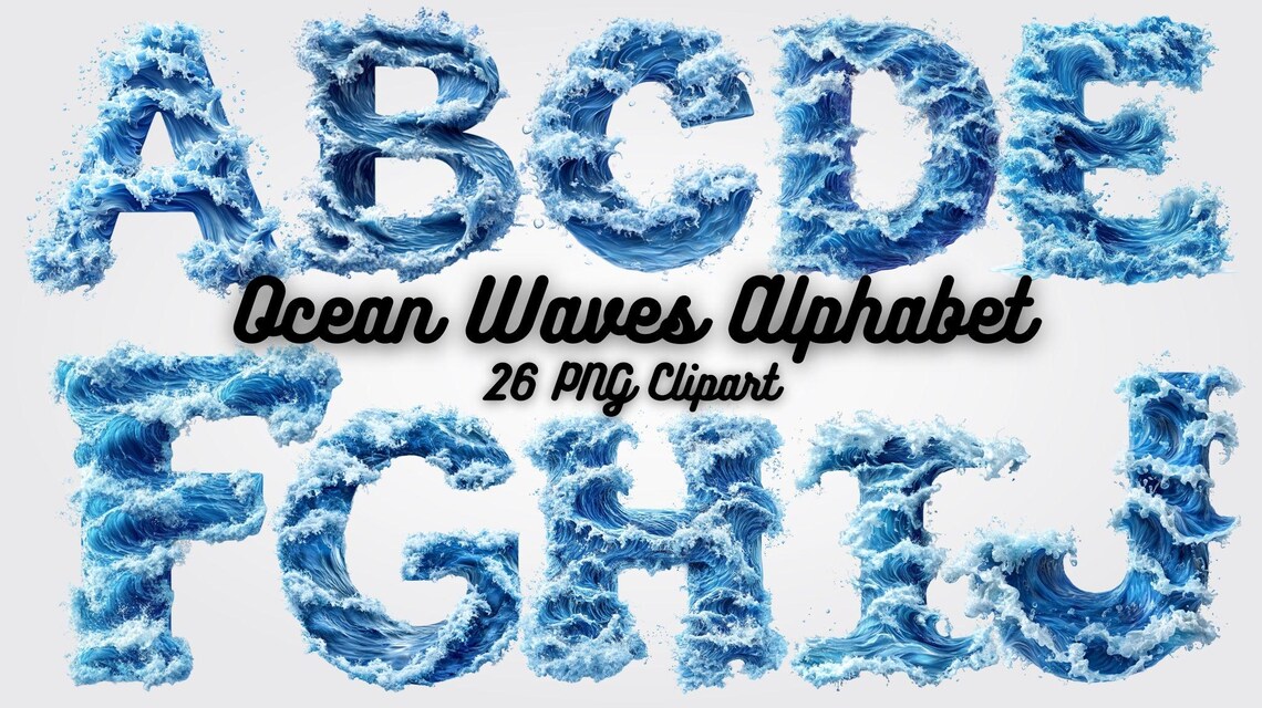 Ocean Waves Alphabet Clipart, Water Splash Letters PNG, Water Waves ...