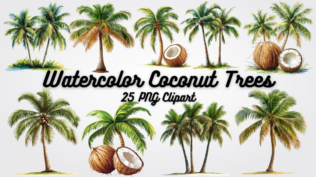 25 Watercolor Coconut Trees Clipart, High-quality PNG, Perfect for ...