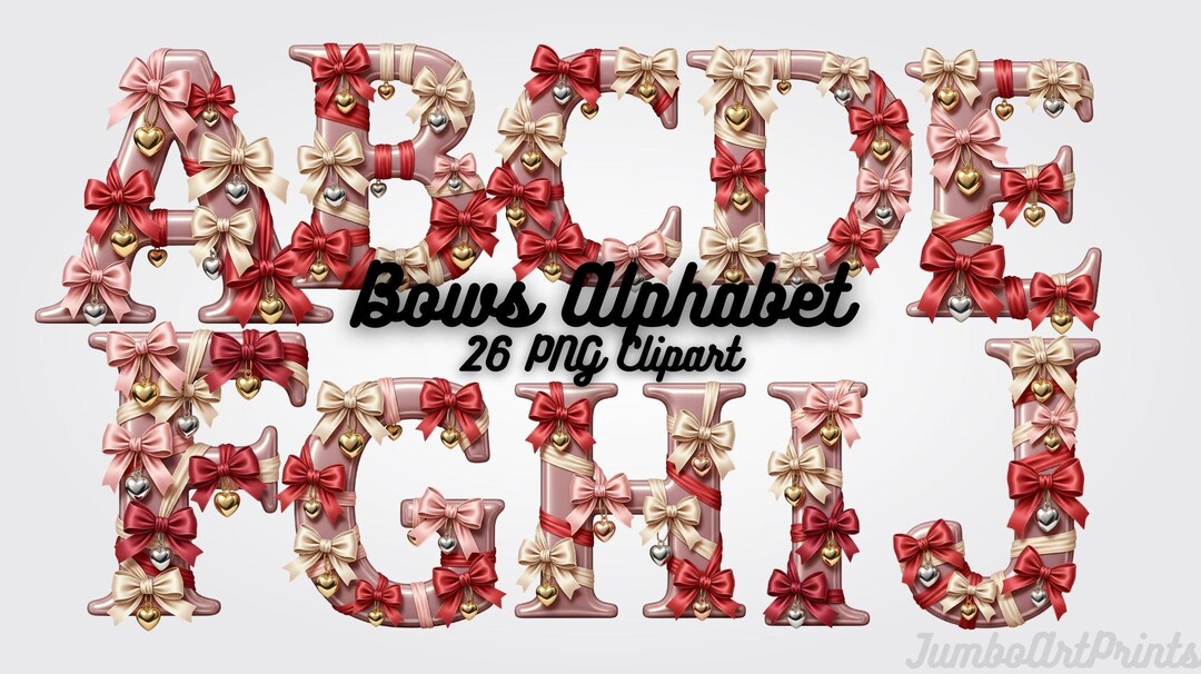 Bows Alphabet Clipart - Satin Bow Letters PNG, Heart Charm ABC Cute ...