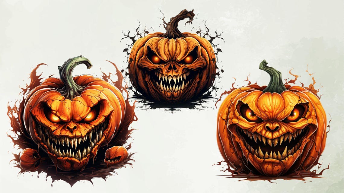 50 Scary Pumpkin Watercolor Clipart: Halloween PNG Images (digital ...