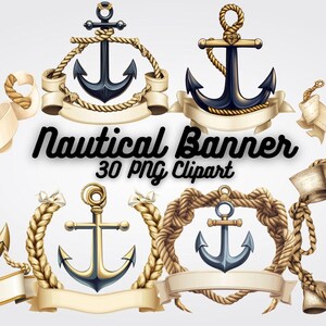 Nautical Banner Clipart PNG, Anchor, Rope and Sailor Flags Digital ...