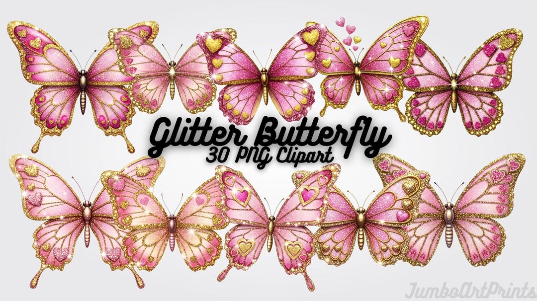 Glitter Butterfly Clipart - Sparkling Pink Gold Heart Pngs, Valentine ...