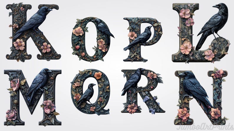 Gothic Raven Alphabet Clipart: Vintage Halloween Letters (digital ...