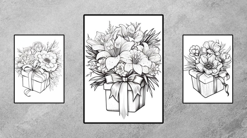 50 Flowers Giftbox Coloring Pages for Adults and for Kids Grayscale ...