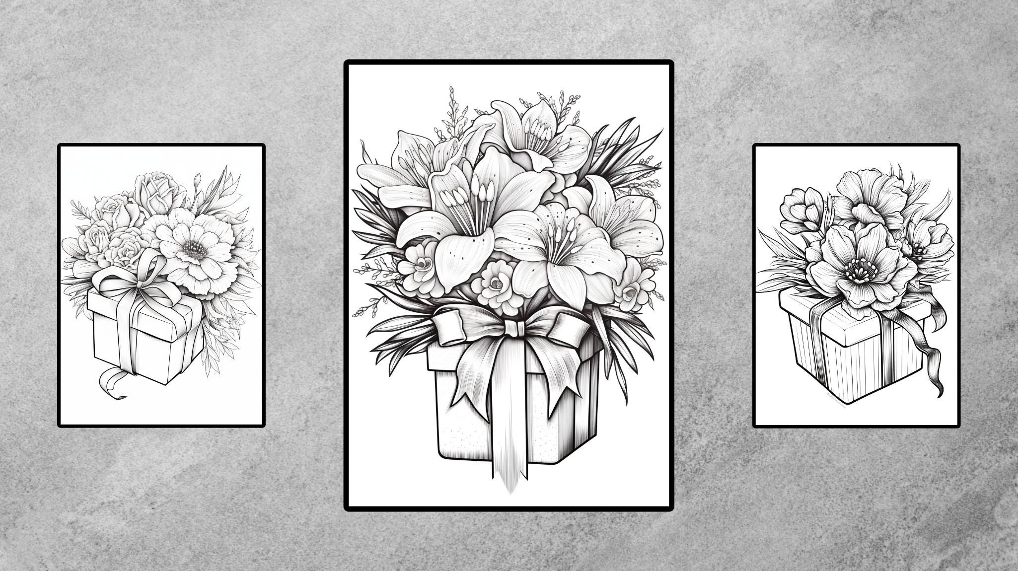 50 Flowers Giftbox Coloring Pages for Adults and for Kids Grayscale ...