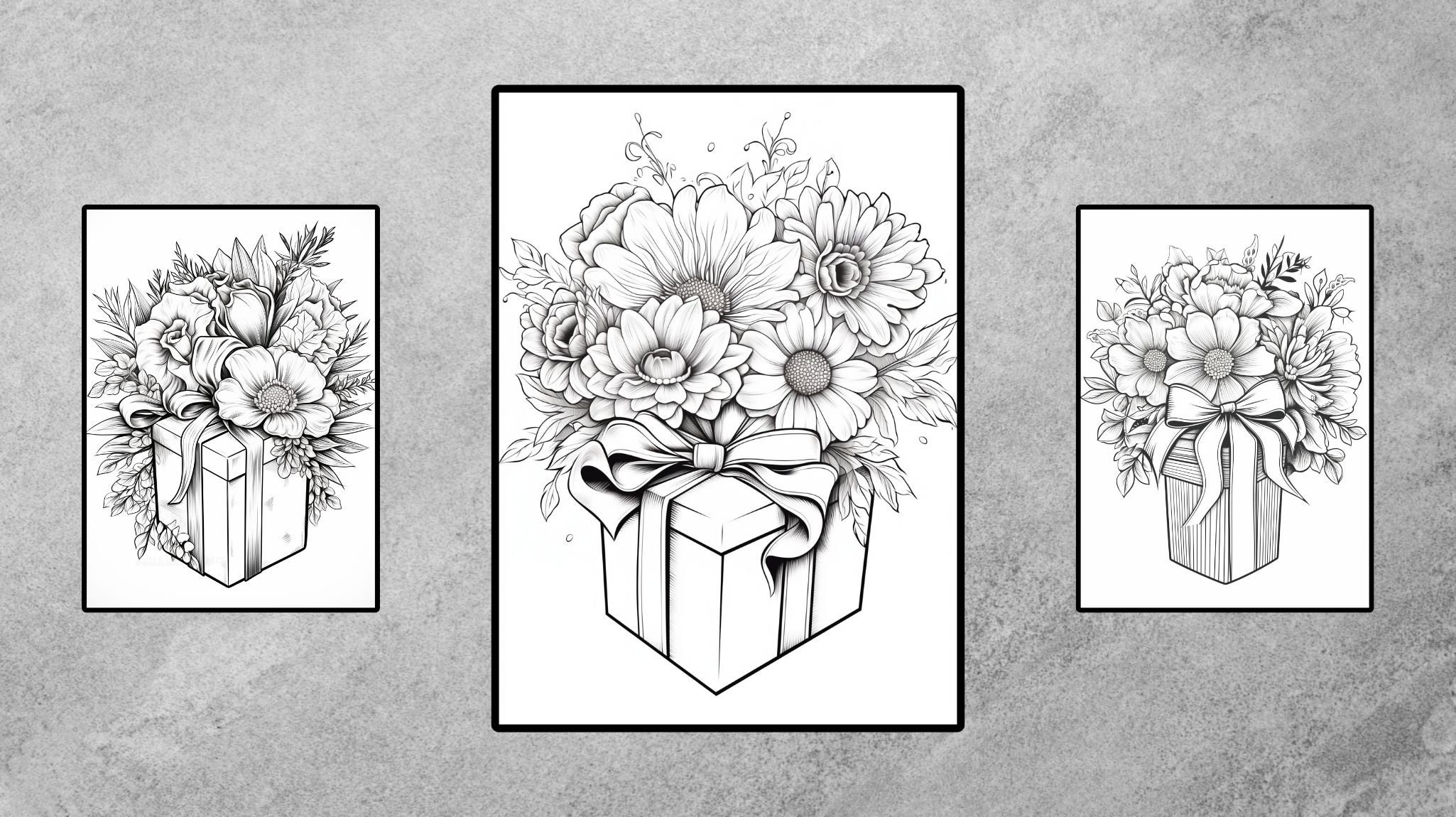 50 Flowers Giftbox Coloring Pages for Adults and for Kids Grayscale ...