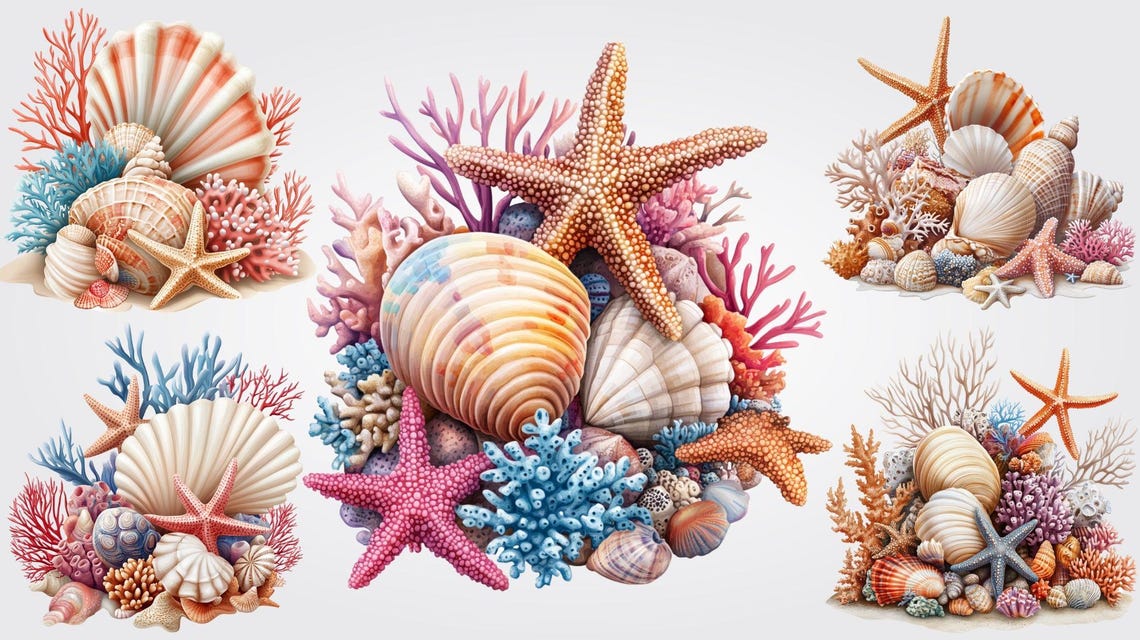 Seashell Clipart: Watercolor Shell Arrangement, Coastal Graphics ...