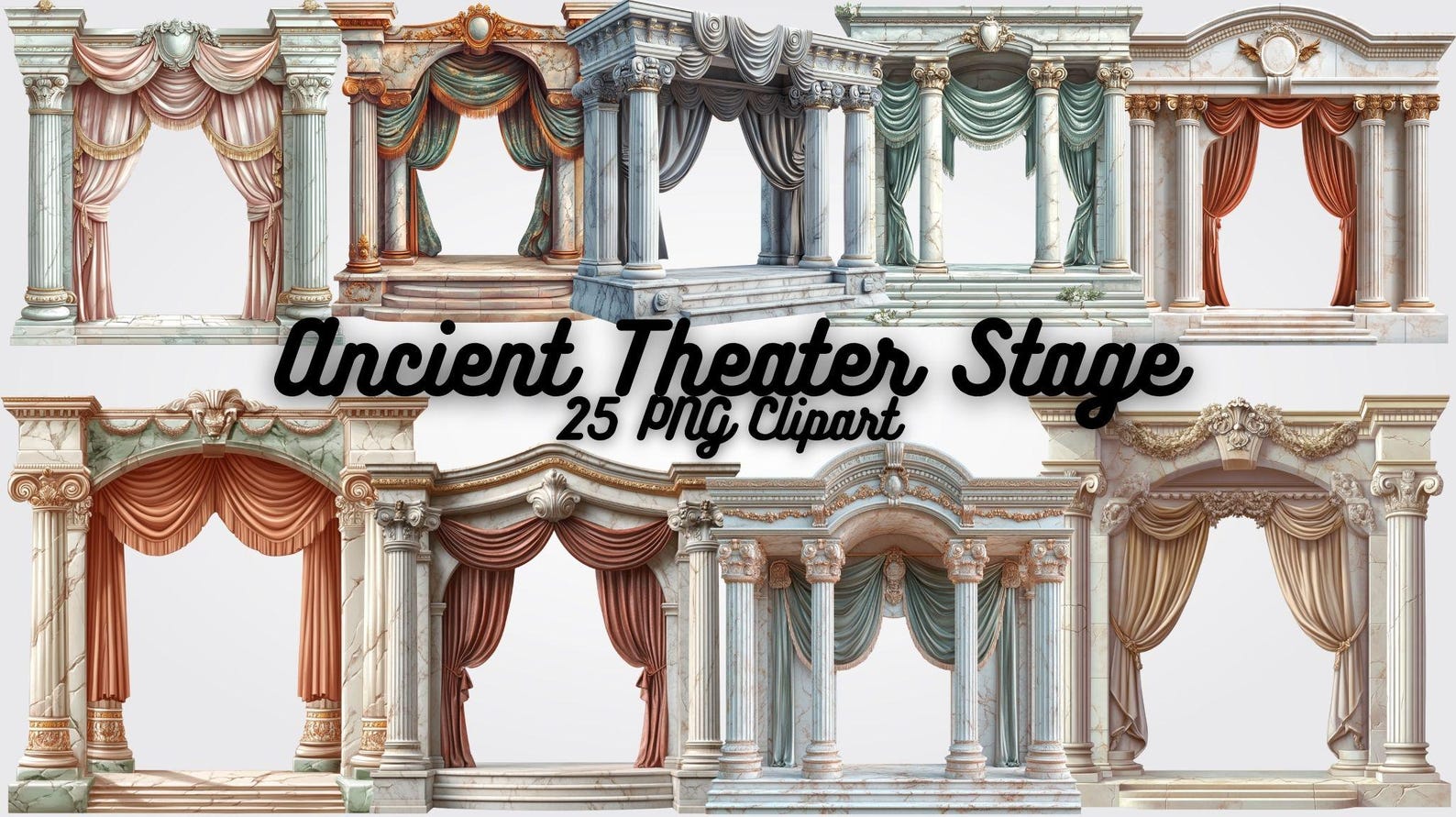 Ancient Theater Stage Clipart: Vintage Greek & Roman Backdrops (digital ...