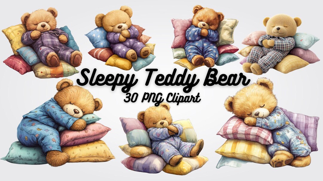 Sleepy Teddy Bear Clipart: 30 PNG Images, Nursery Decor (digital ...