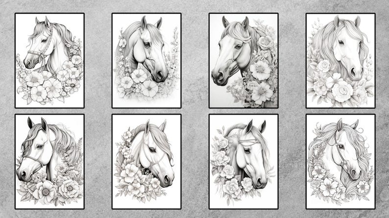 50 Floral Horse Coloring Pages, Flowers and Horse Coloring Book for ...