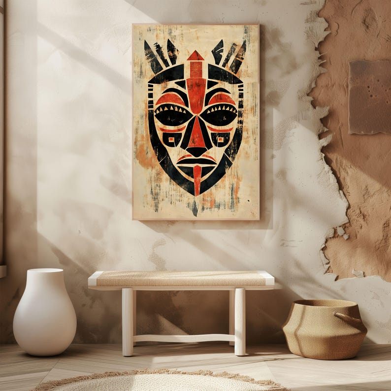 Tribal Mask Wall Art, Bold Linear Ethnic Design in Earthy Reds & Blacks ...
