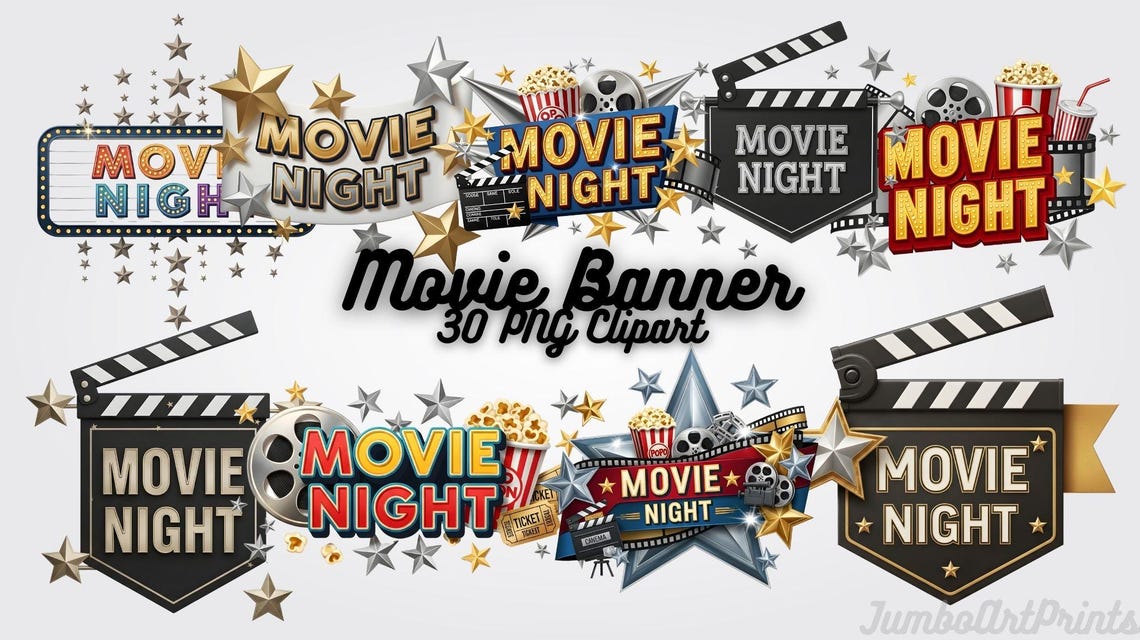 Retro Movie Night Banner Clipart - Vintage Cinema Metallic Star Banners ...