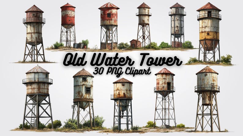 Old Water Tower Clipart PNG, 30 Vintage Industrial Water Tower Illustrations for Invitations ...