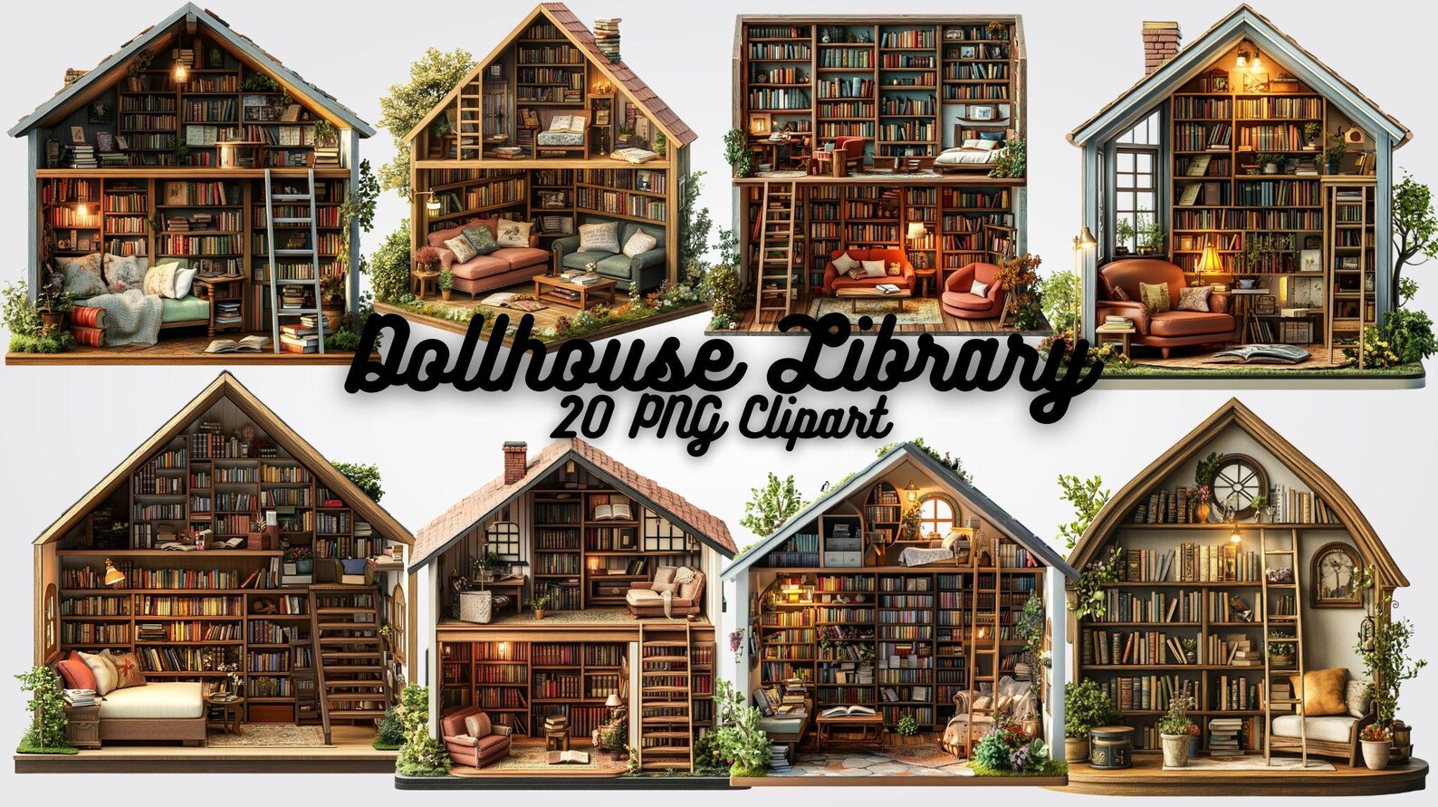 Dollhouse Library Clipart, 20 PNG Files of Miniature Bookcases, Vintage ...