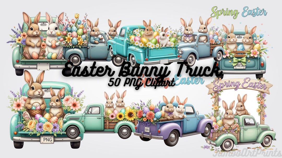 Easter Bunny Truck Clipart PNG Bundle, Vintage Farmhouse Spring ...