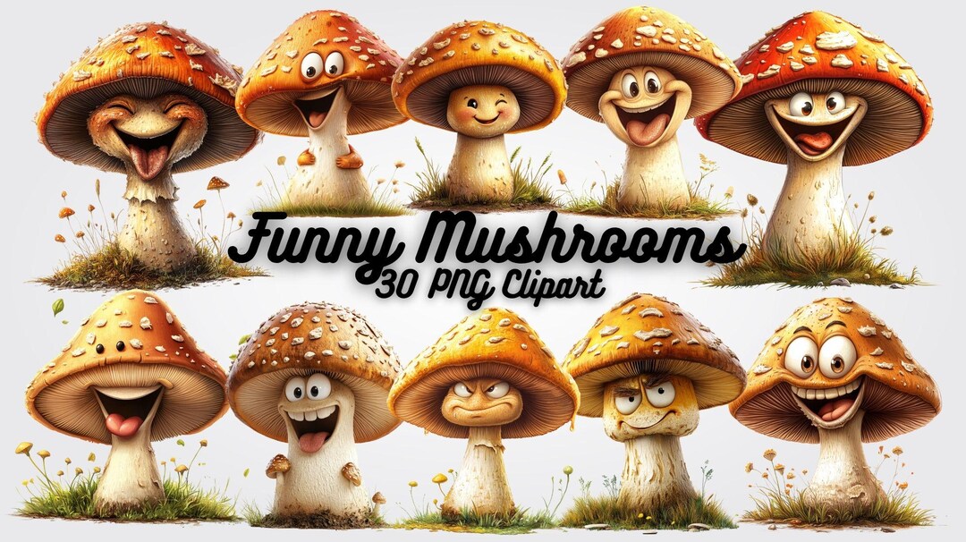 Funny Mushroom Clipart: Kawaii Toadstool Graphics (digital Download, 30 ...