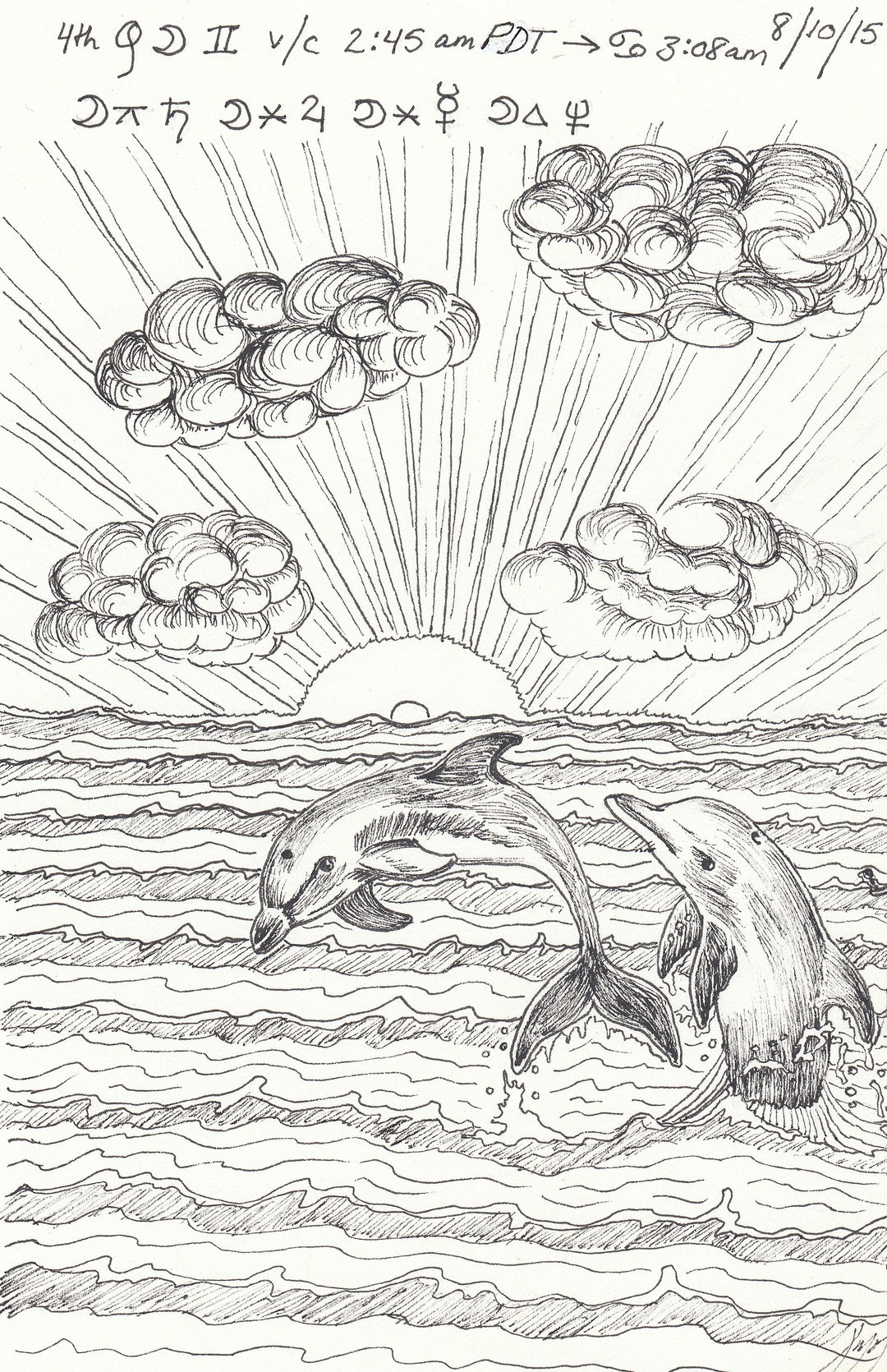 Original Astrology Drawing: Dolphins, Ocean, Sunset - Black & White ...