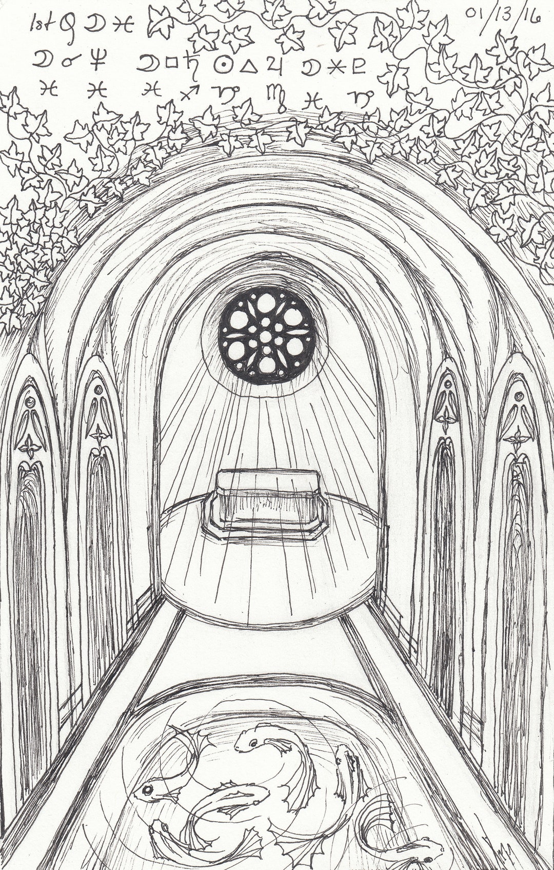 Original Art: Symbolist Ink Drawing Chapel, Crypt, Koi Fish, Black ...