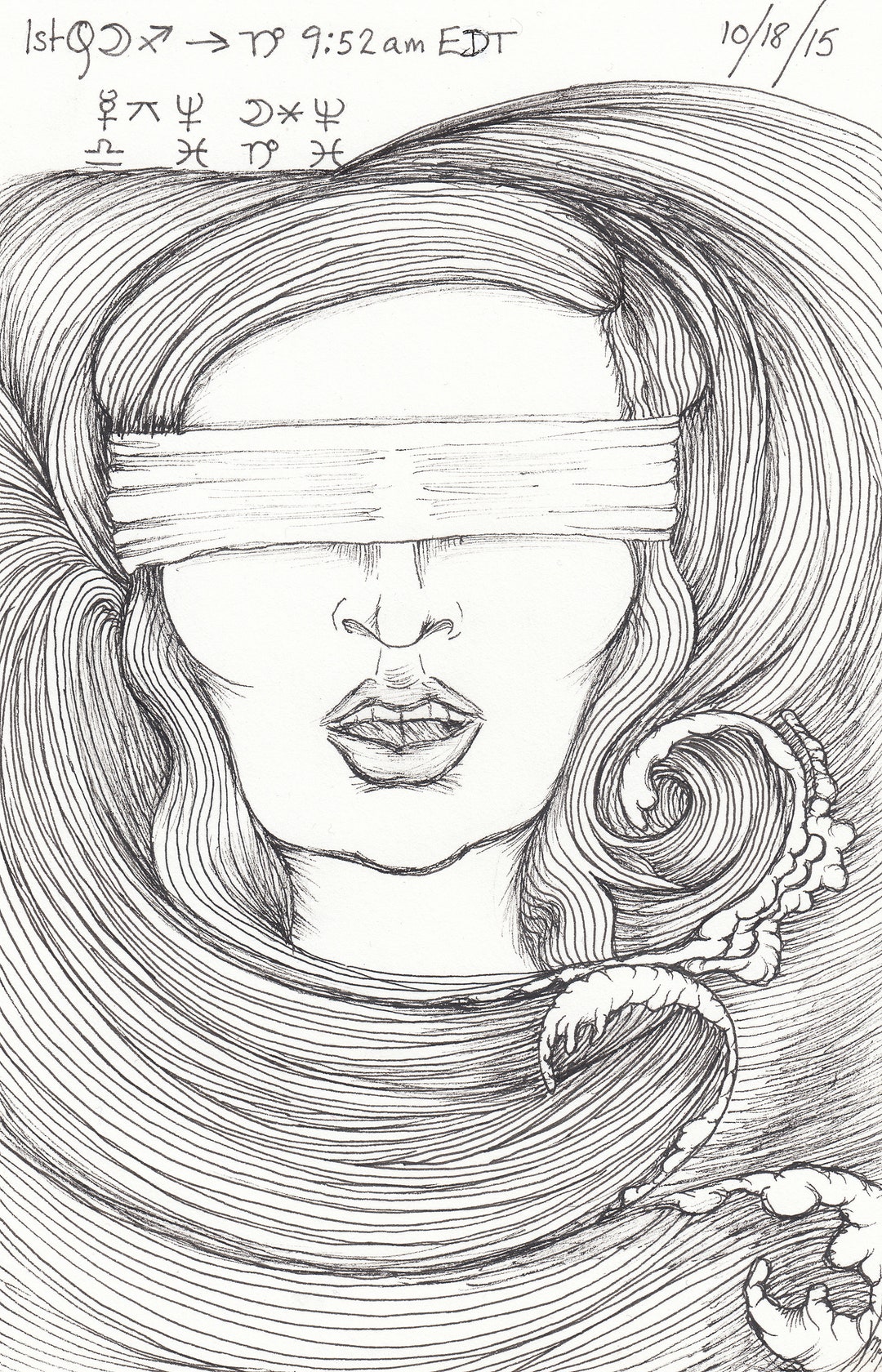 Original Art: Symbolist Ink Drawing Flooded Justice, Woman, Blind Seer ...