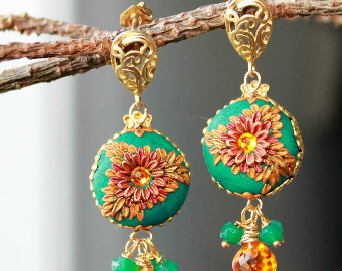 Bright Vivid Colored Earrings With Green Onyx and Fiery Mexican Opal ...