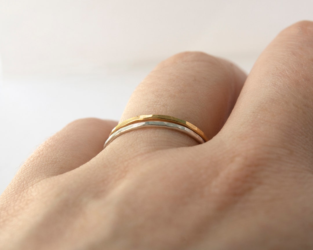 Pair of Hammered Tiny Rings, Set of Gold-filled and Sterling Silver - Etsy