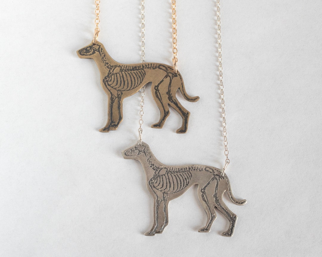 Greyhound or Whippet Necklace, With Etched Skeleton in Brass or ...