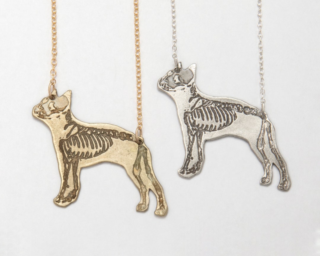 Boston Terrier Dog Pendant, With Etched Skeleton in Brass or Sterling ...