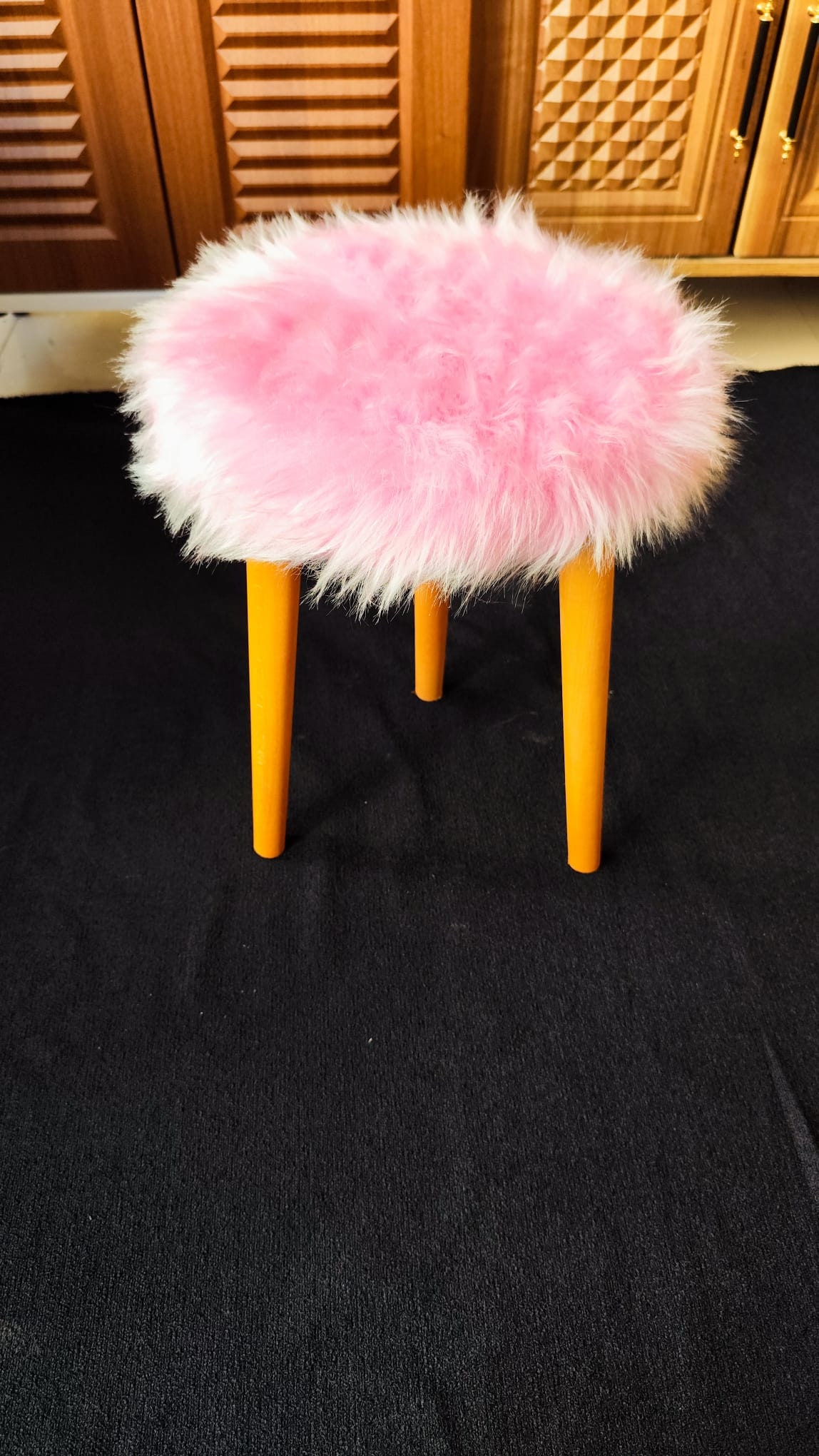Pink Fluffy Fur Pouf With Pine Color Feet Cheerful Home Decor,handmade ...
