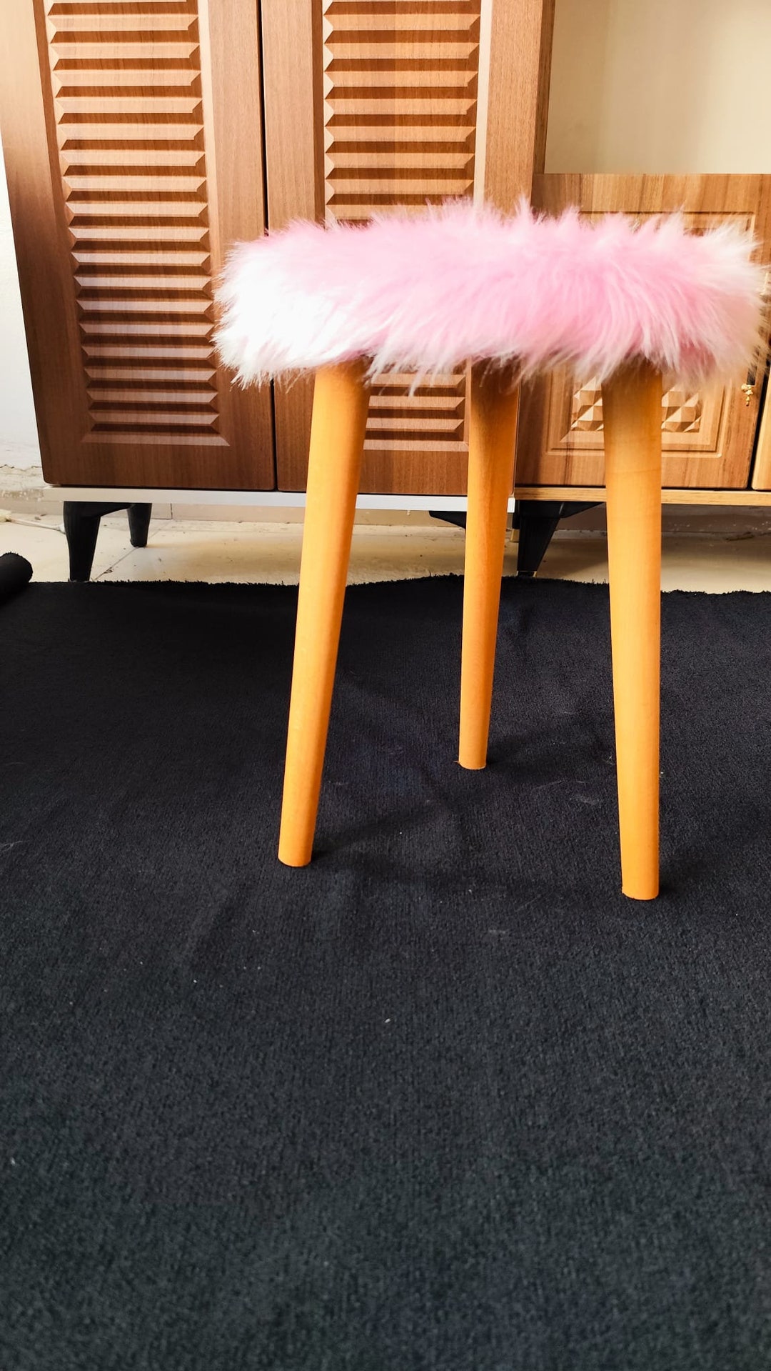 Pink Fluffy Fur Pouf With Pine Color Feet Cheerful Home Decor,handmade ...