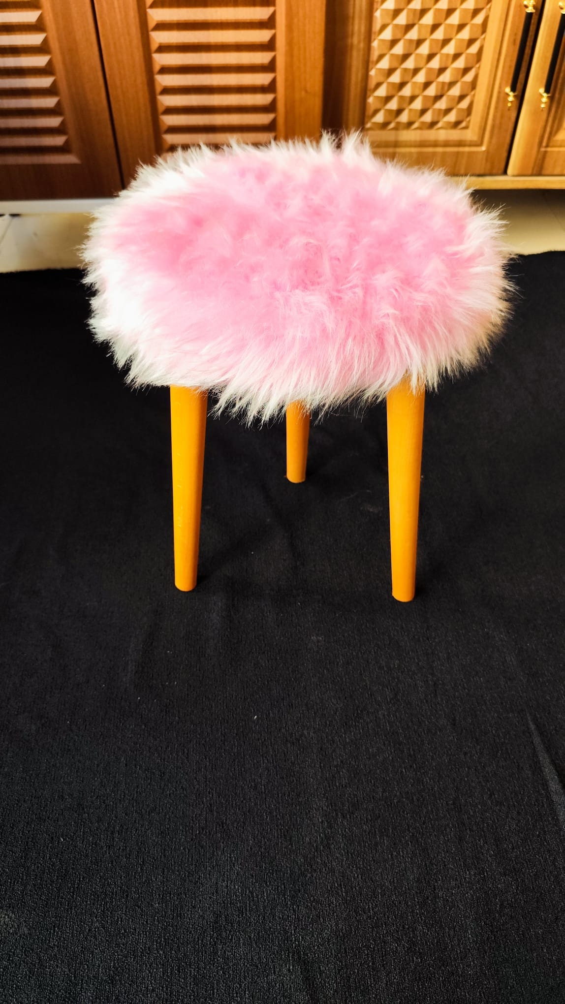 Pink Fluffy Fur Pouf With Pine Color Feet Cheerful Home Decor,handmade ...