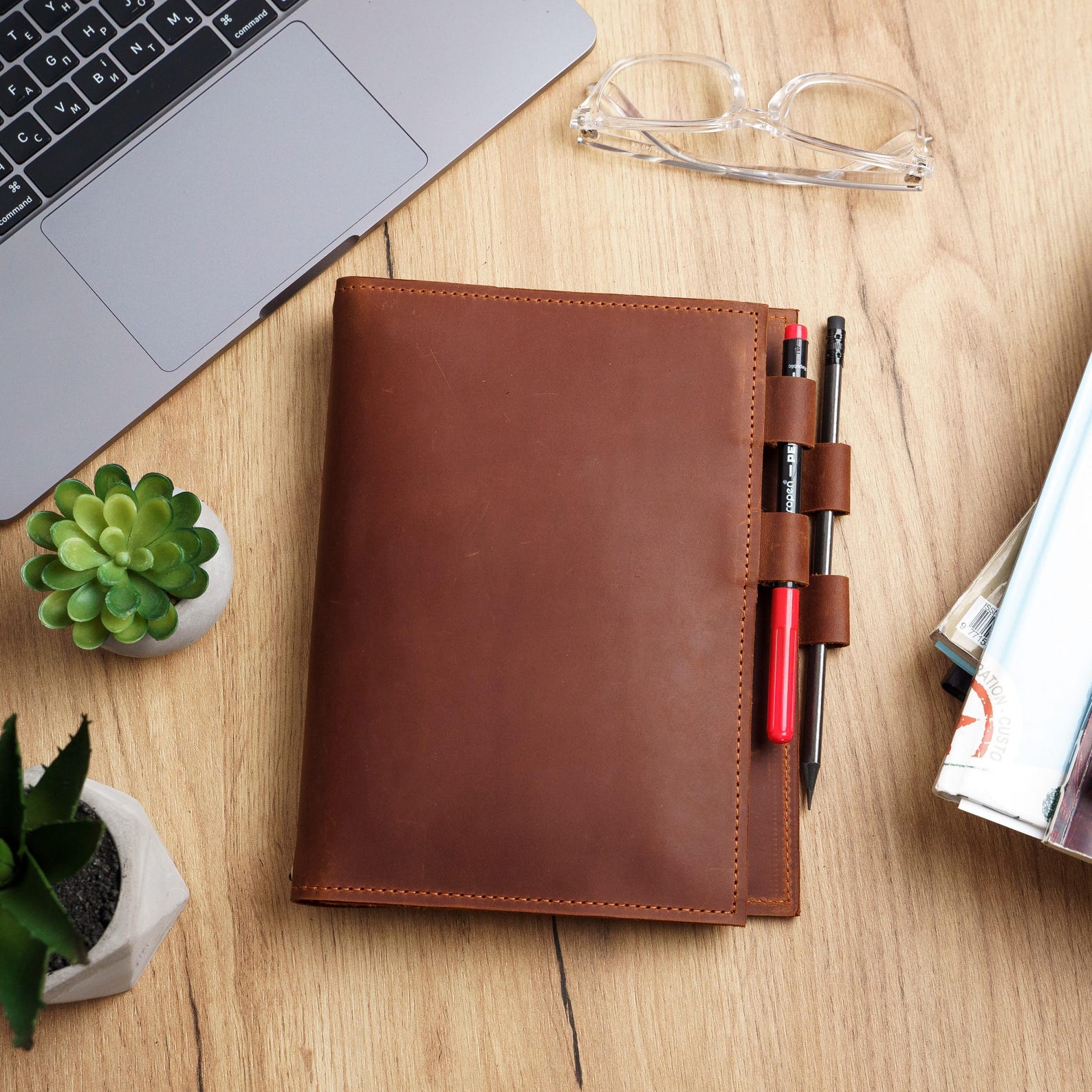 Leather Notebook Cover With Pen Holder, Handmade Travelers Journal Case ...
