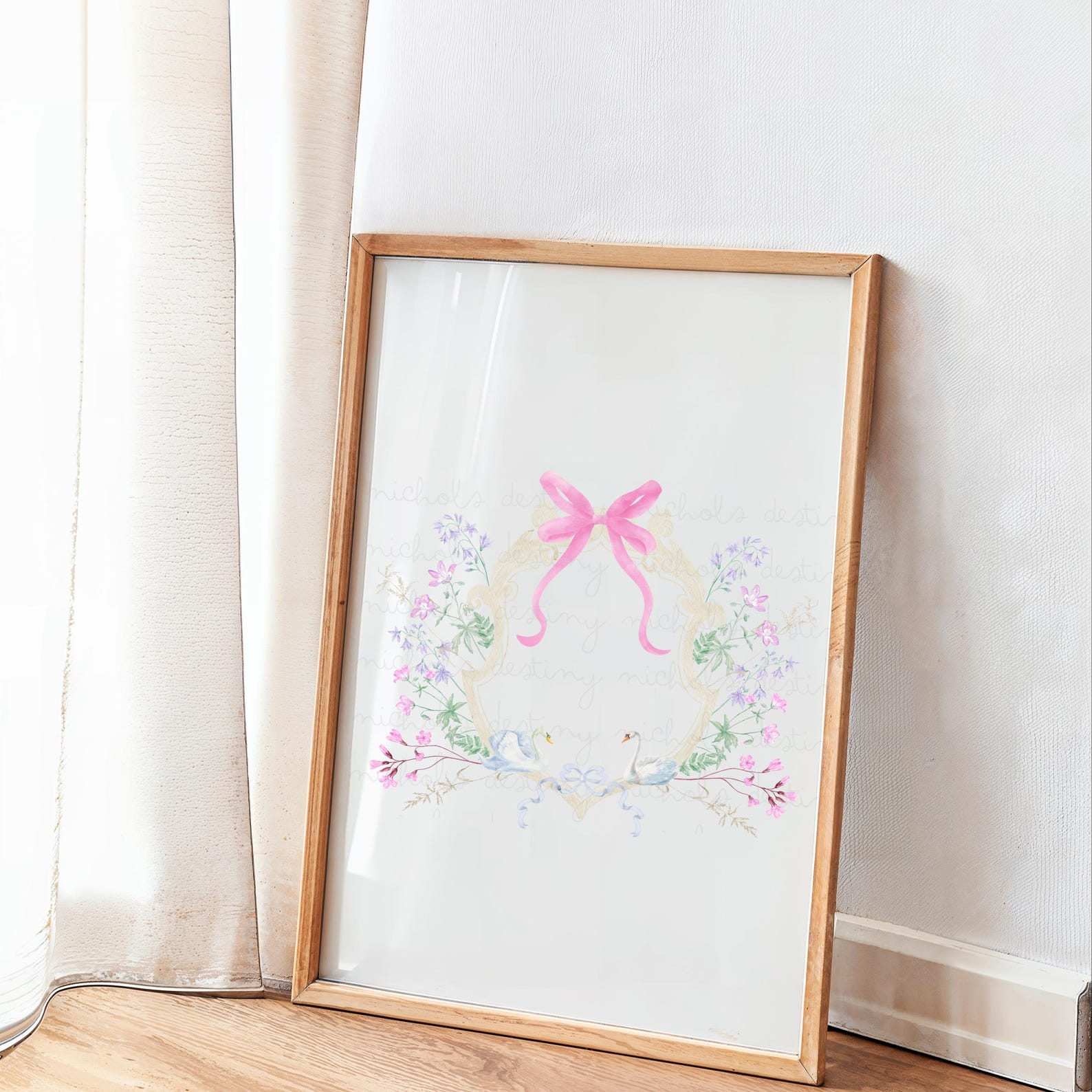 Swan Bow Pink Floral Watercolor Crest | Blue Chinoiserie Topiary ...